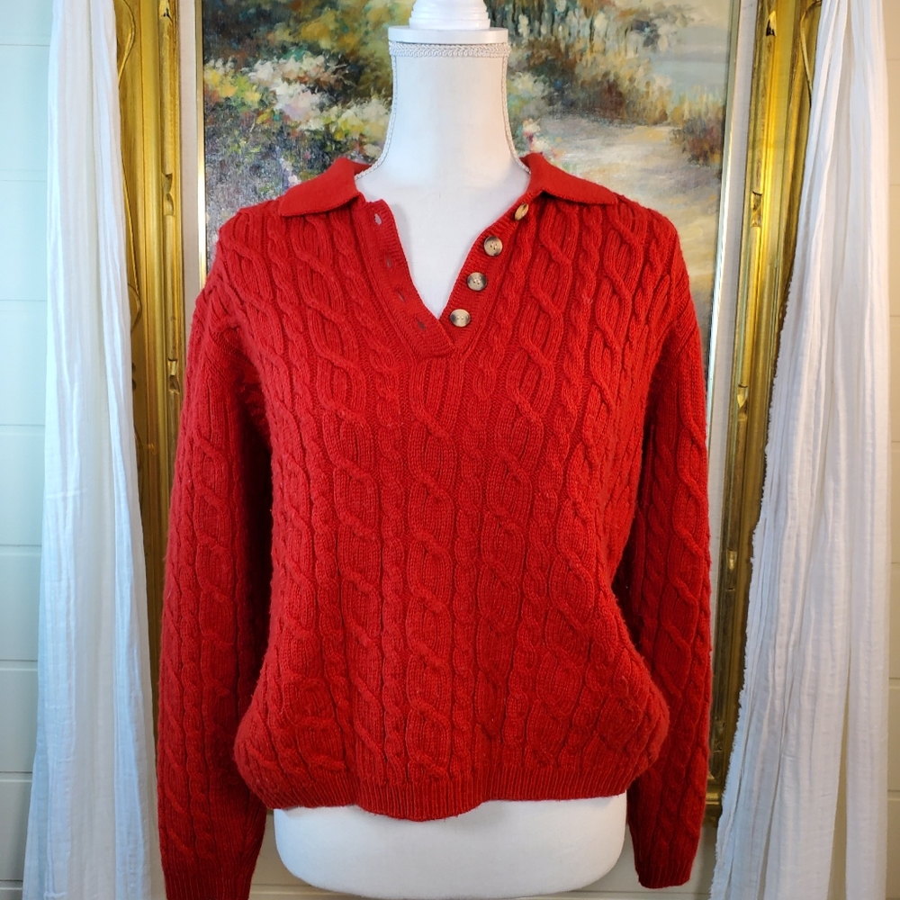 Vintage Henley Red Chunky Sweater Karen Scott Large *… - Gem